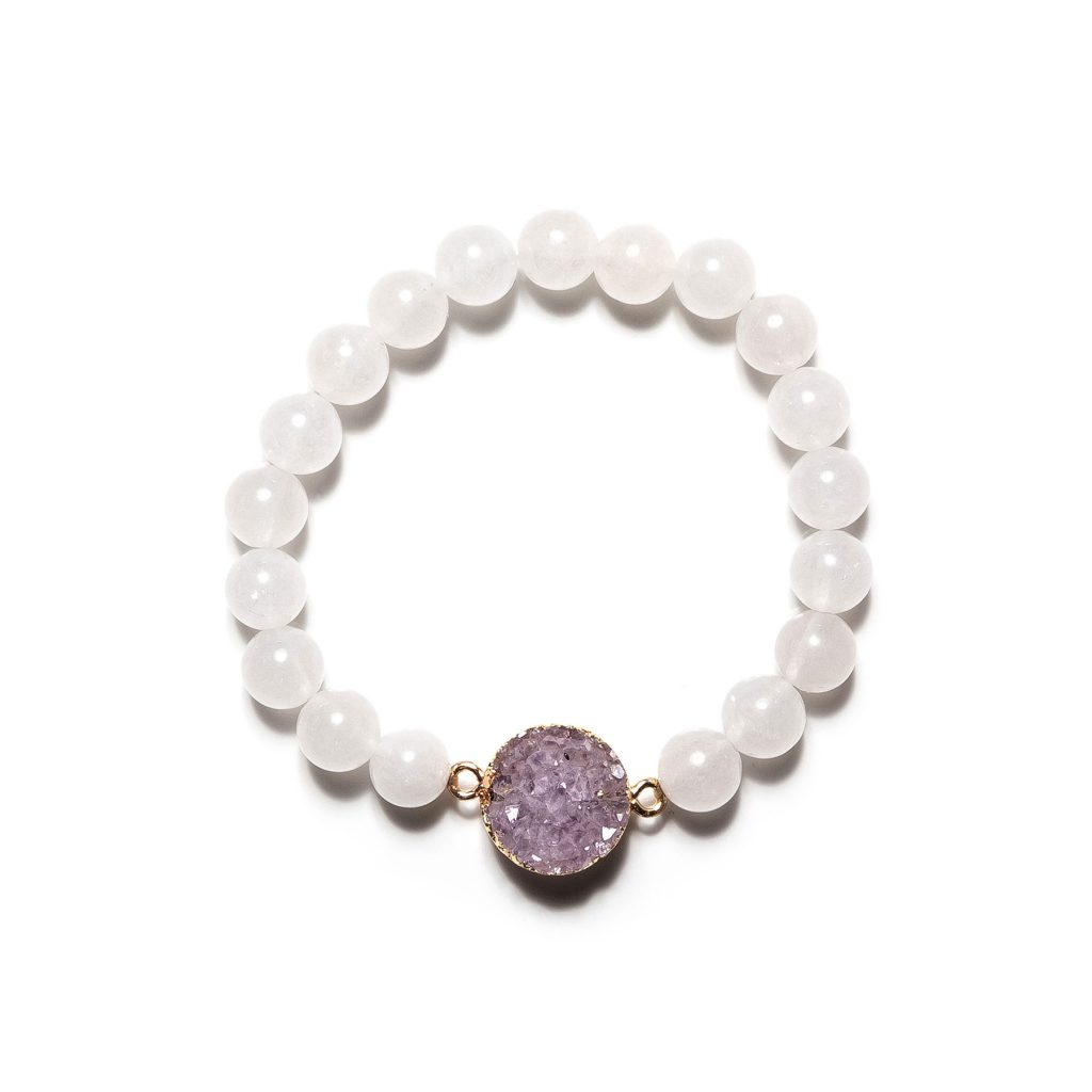White Jade Beaded Bracelet, Druzy Disc - Aspen & Salt